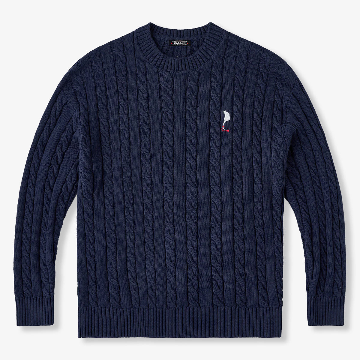 Cable-Knit Navy Sweater with Playful Cat Embroidery – Karaku