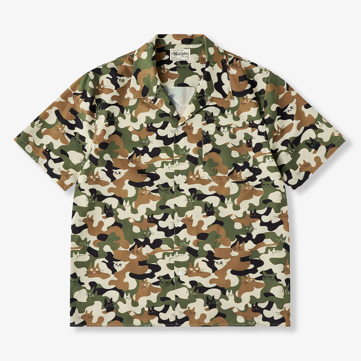 Cat Mixed with Camouflage Pattern Military Style Open Collar Shirt – Karaku