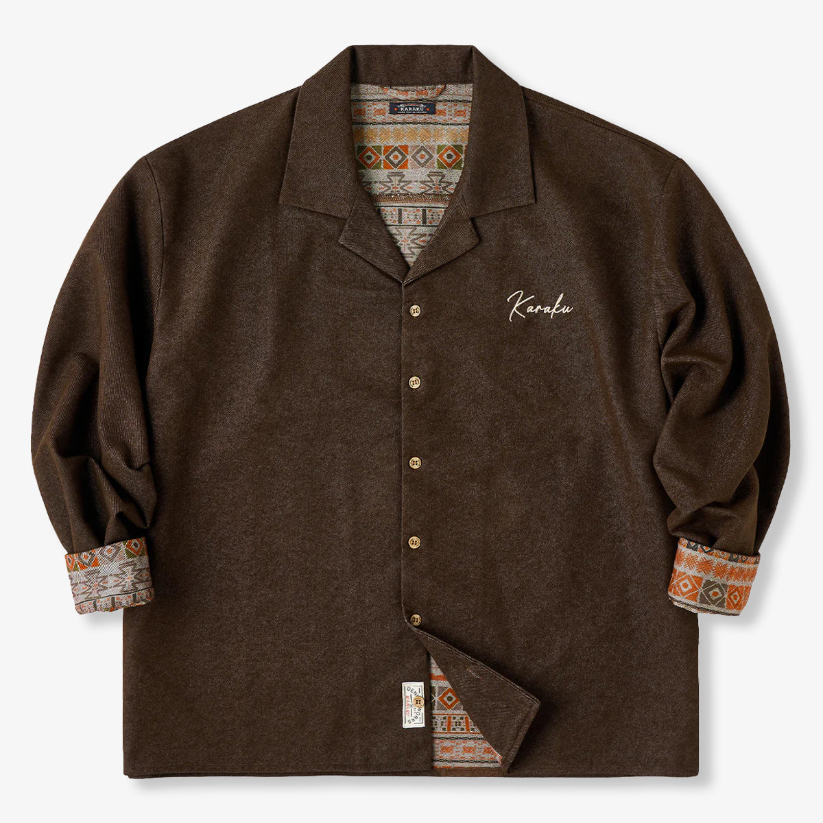 “Karaku” Embroidered Logo Denim Open-Collar Shirt with Ethnic-Pattern ...