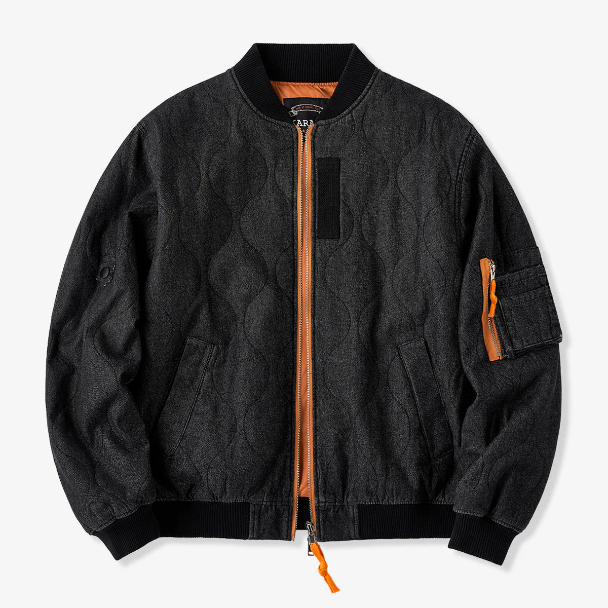 Washed Denim Quilted Flight Jacket with Orange Lining – Karaku