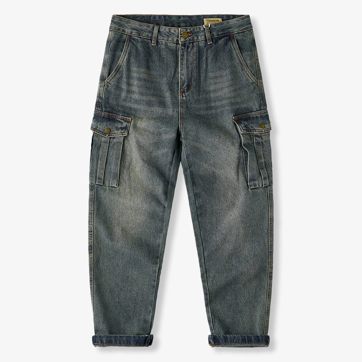 Whisker-Faded Washed Denim Pants with Cargo Pockets – Karaku