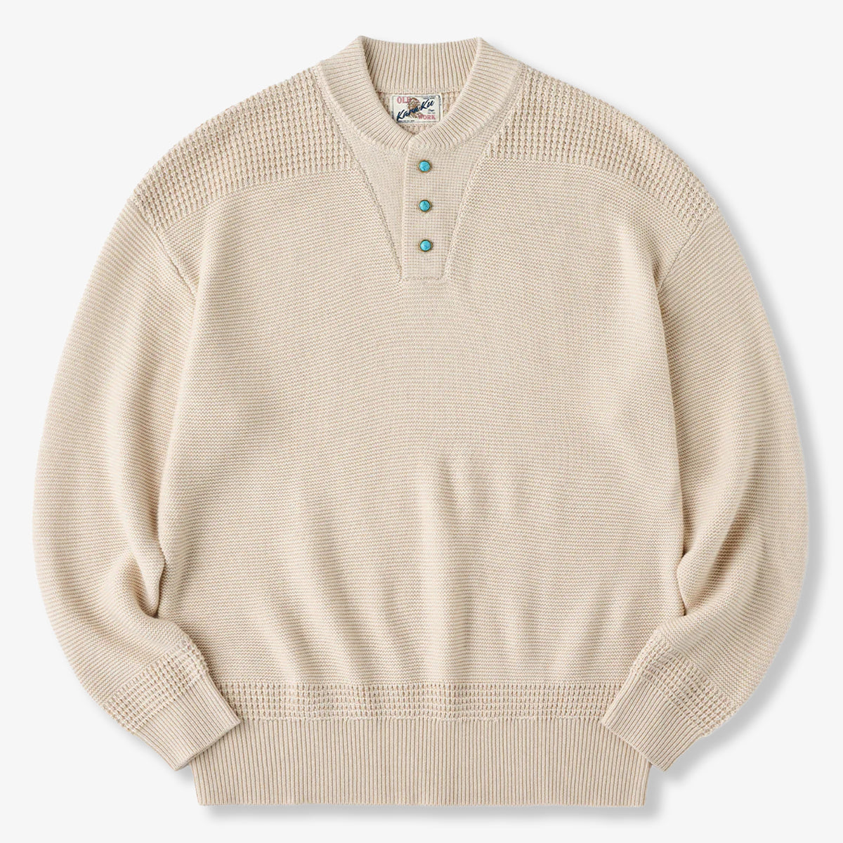 Honeycomb Knit Panel Sweater with Turquoise-Style 3 Buttons – Karaku