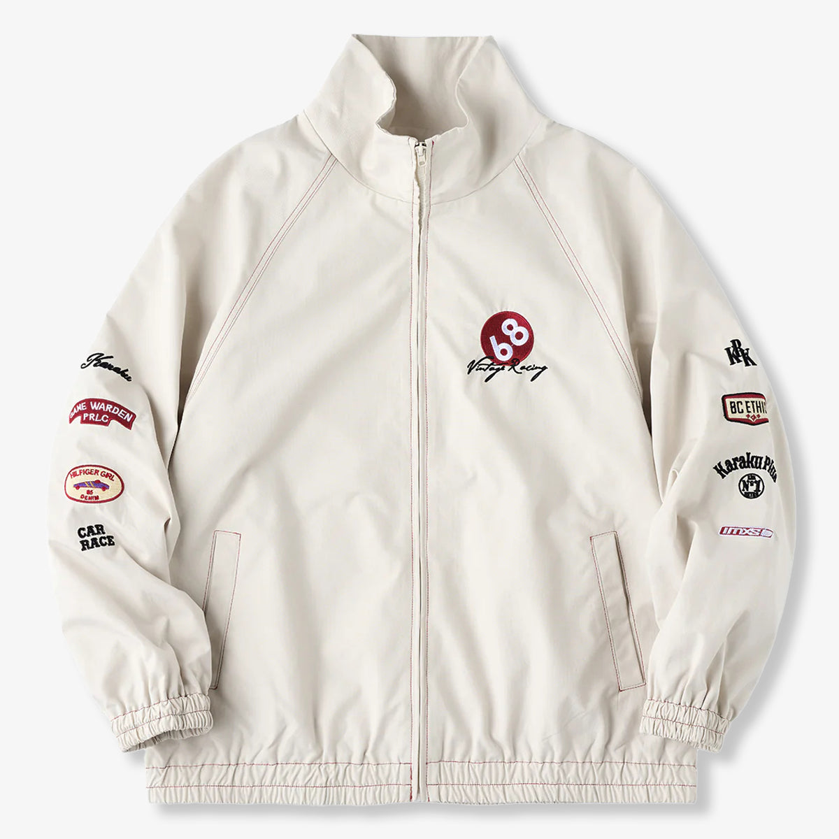 Stand-Collar Jacket with Racing-Inspired Embroidery & Patches – Karaku