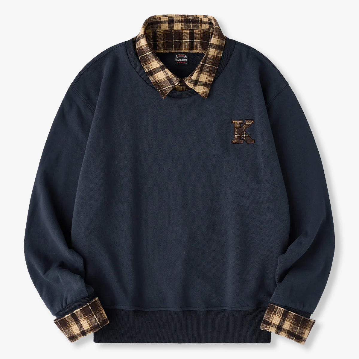 "K" Embroidered Patch Faux-Layered Check Sweatshirt – Karaku