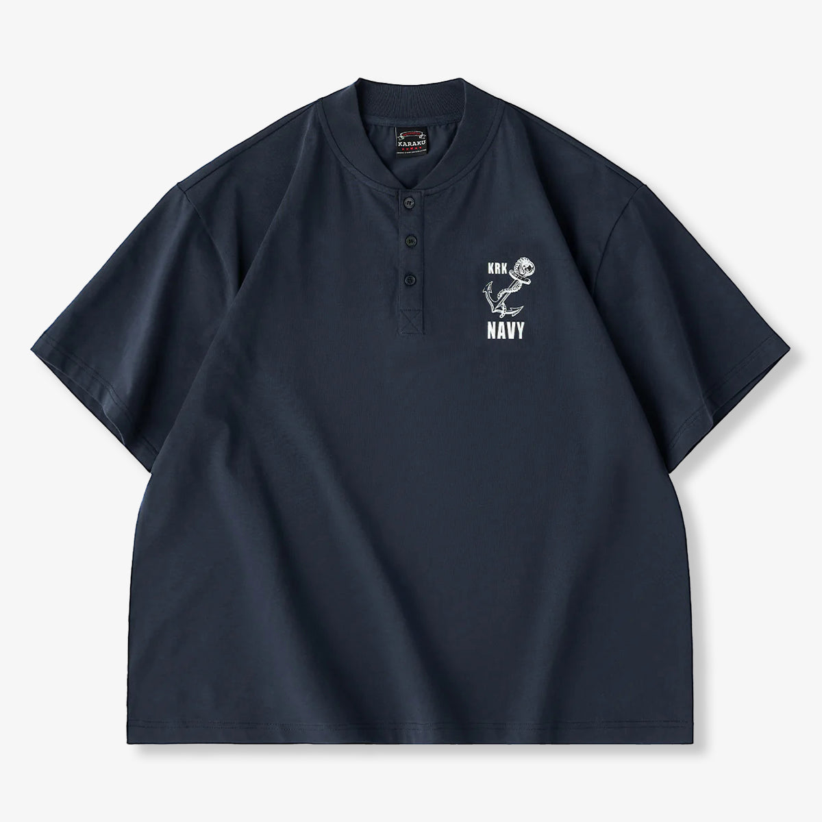 "NAVY" Anchor Print Cotton Henley Neck Tee – Karaku