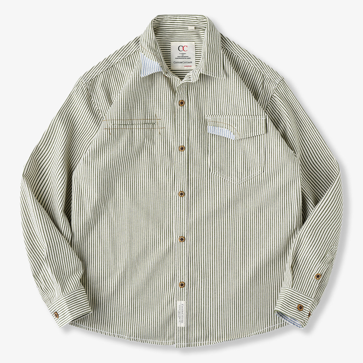 Hickory Stripe Work Shirt with Color-Block Accents – Karaku