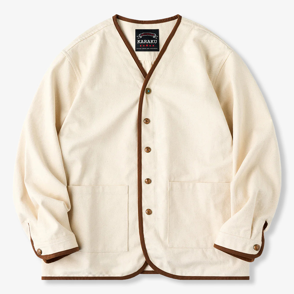 [Pre-order] Stone-Effect & Flower-Button Piped Collarless Jacket – Karaku