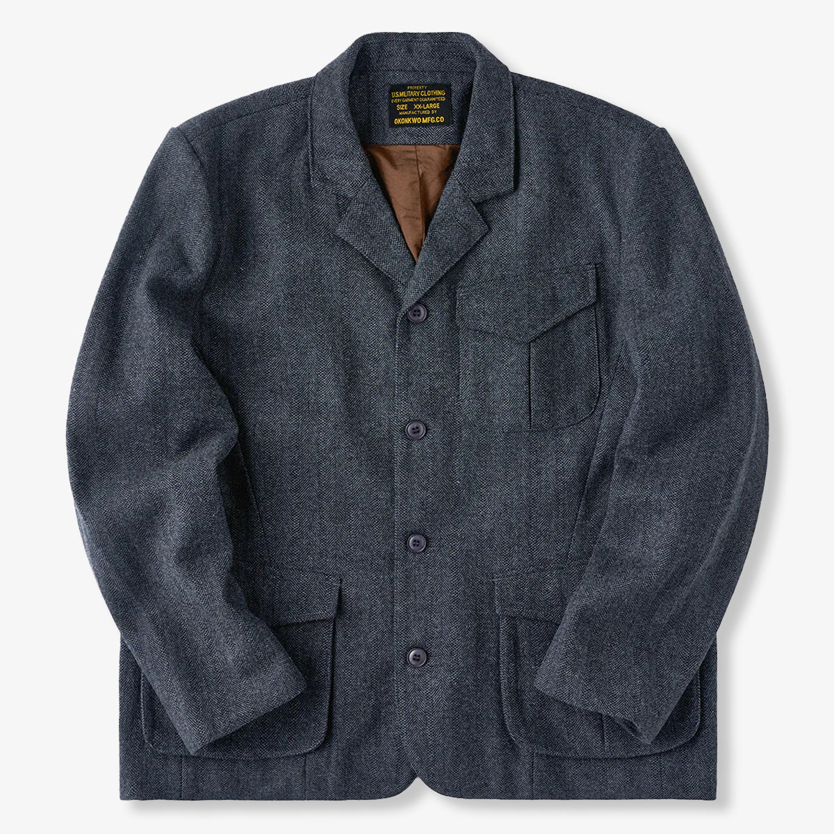 Wool-Blend Herringbone Tailored Jacket with Chin Strap Button – Karaku