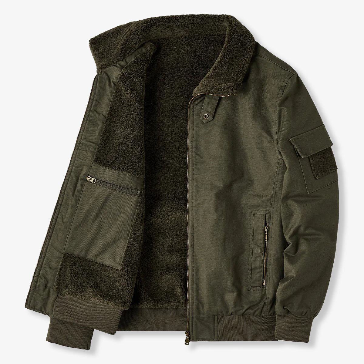Fleece-Lined Cotton Aviator Jacket with Sleeve Velcro – Karaku