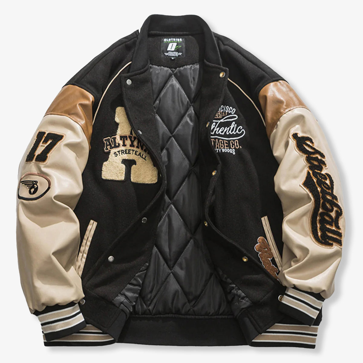 Colorblock Quilted Varsity Jacket with Mixed Fabrics & Embroidery – Karaku